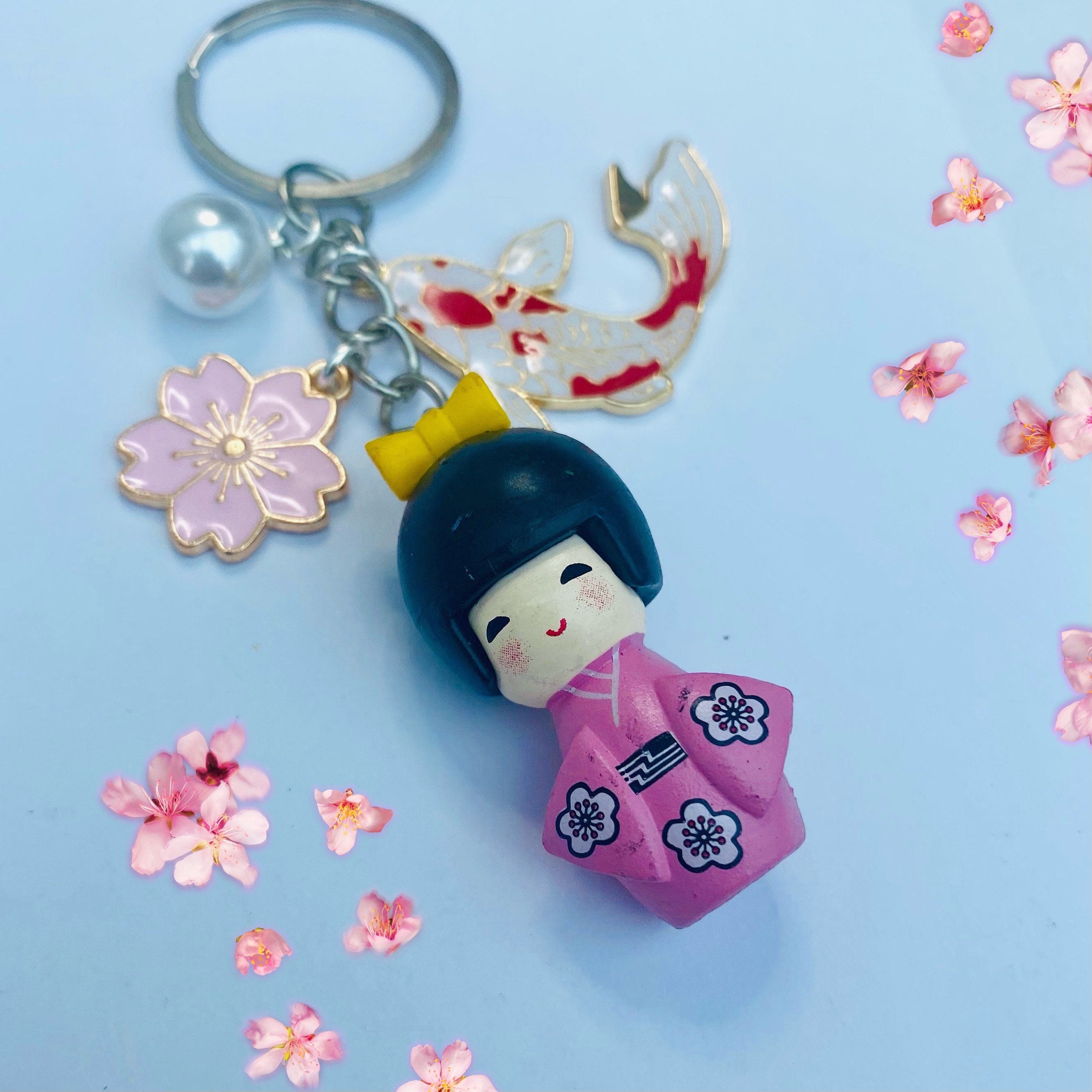 Japanese kokeshi keychain geisha doll koi fish keyring handbag charm a ...